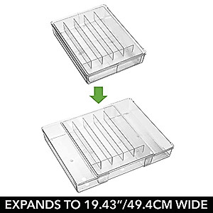 mDesign Dual Expandable Plastic In-Drawer Utensil Organizer Tray Deep 6 Divided Sections for Kitchen; Holds Cutlery, Flatware, Silverware, Cooking Utensils, Ligne Collection, 2 Pack, Clear