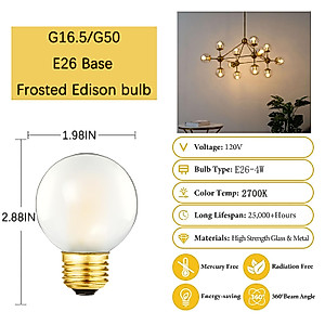 HOMOSUM Dimmable 40W g16.5 Frosted Edison Bulb - 2700K 4W e26 Globe Bulb for Ceiling Fans, Chandeliers, Vanity Lights -400lm,AC120V,G50, 6Pack (4W-2700K)