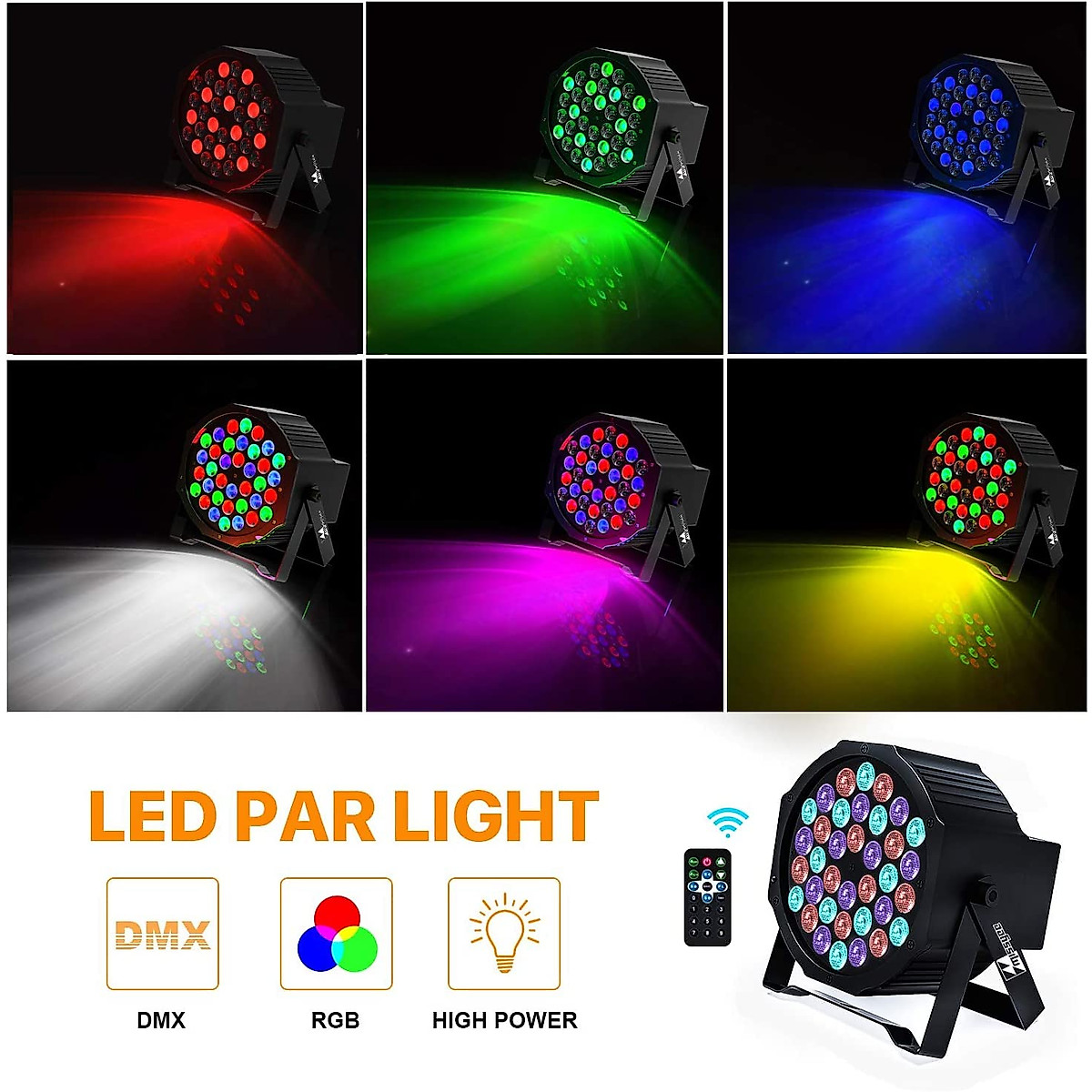 Missyee 36 RGB LED DJ Stage Uplight -DMX Control Sound Activated with Remote Control and 9 Modes LED for Wedding, Events, Christmas and Halloween Music Disco Party -R&D in USA-4 Pack