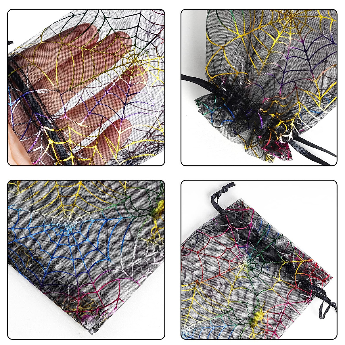 choyaxo 100PCS Halloween Organza Bags Spider Web Print Satin Drawstring Candy Jewelry Bags for Halloween Drawstring Gift Bags 4 x 6 Inches/10 * 15cm, 4 Styles