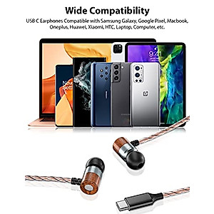 Wooden USB C Headphones for Galaxy S22 S23 Ultra S21 S20 FE Z Flip4 3, In-Ear Type C Earbuds Wired Earphones with Mic Noise Canceling Stereo Bass for Pixel 7 6 6a 5a 5 MacBook Air Pro iPad Air 5 Mini6