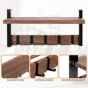 Whimsii Coat Rack Wall Mount with Shelf, 16" with 5 Flippable Wall Hooks for Hanging, Rustic Wood & Reinforced Iron, Entryway, Living Room, Bedroom, Bathroom