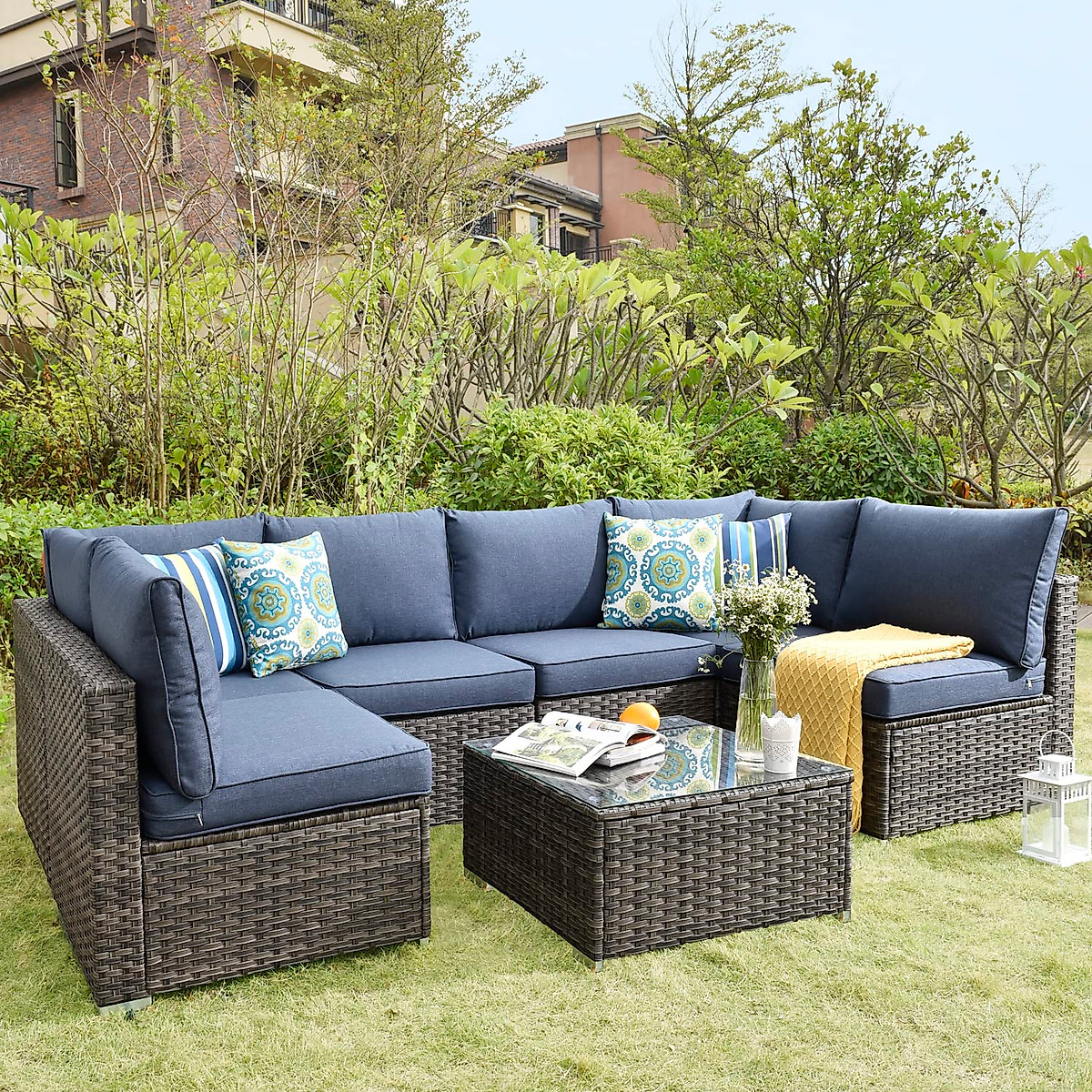 XIZZI Patio Furniture Outdoor Sectional Sofa 7 Piece All Weather PE Rattan Wicker Conversation Sets with Coffee Table for Backyard Deck Garden,Denim Blue