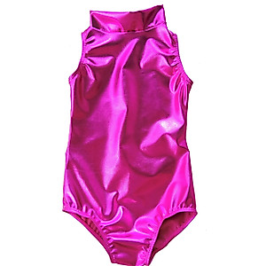 speerise Adult Shiny Metallic One Pieces Turtleneck Dance Leotard Bodysuit Costume, M, Hot Pink