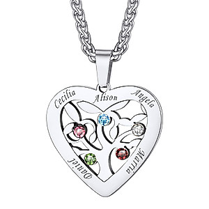 U7 Mothers Necklace Personalized Custom Family Branch Tree Heart Necklace with Crystal Birthstone Stainless Steel Hypoallergenic 2-6 Names Engraved Necklaces for Mom Grandma Wife