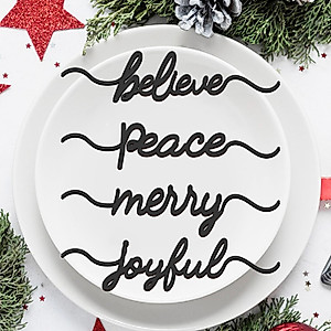 Christmas Cutouts Wood Table Place Card Believe Merry Peace Joyful Wood Word Holiday Place Settings for Christmas Thanksgiving Plate Decor Table Decorations (Black, 8)