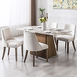 Kmax Fabric Dining Chairs Set of 4 Upholstered Side Chairs Farmhouse Accent Chairs with Nailhead Wood Legs for Dining Room Guest Room Restaurant, Cream