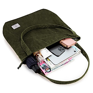 KALIDI Large Totes Bag Women Corduroy Shoulders Handbag Lightweight Shopping Purse with Zipper Pockets, Green