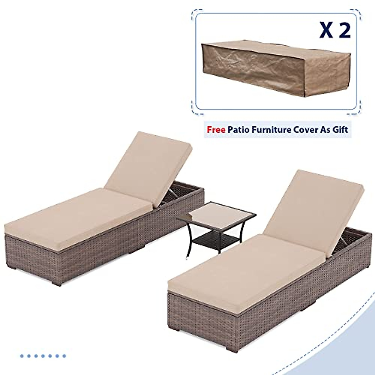 JOIVI Outdoor Chaise Lounge Chair, 3 Piece Patio Pool Lounge Chairs with Coffee Table & Covers for Outside, Rattan Reclining Chaise Lounger with Adjustable Backrest and Removable Beige Cushion