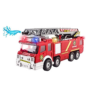 Fire Truck Toy Rescue with Shooting Water, Lights and Sirens Sounds, Extending Ladder and Water Pump Hose to Shoot Water, Bump and Go Action by Vokodo