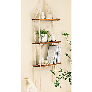 TIMEYARD Macrame Shelf Hanging Shelves, Wood Wall Shelf with Woven Rope, Rustic Floating Shelves Storage Organizer, 3 Tier Shelf Boho Decor for Living Room, Bathroom, Bedroom