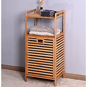 Bamboo Tilt-Out Laundry Hamper Cabinet Free-Standing Ventilated Dirty Clothes Organizer with 2-Tier Storage Shelf & Removable Fabric Bin for Bathroom, Bedroom, Living Room