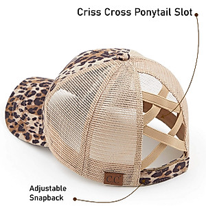 C.C Exclusives Washed Distressed Cotton Denim Criss-Cross Ponytail Hat Baseball Cap Bundle Hair Tie (BT-780)(BT-791) (A Elastic Band-Leopard/Beige)