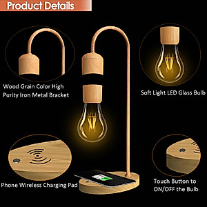 Floatidea Magnetic Levitating Lamp with Wireless Phone Charging Pad Floating Light Bulb LED Night Light Wood Grain Table Lamp Levitation Desk Lamp for Office Home Decoration Christmas Gift