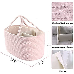Baby Diaper Caddy Organizer for Girl Boy Rope Nursery Storage Bin Basket Portable Holder Tote Bag for Changing Table Car Travel Baby Shower Gifts Newborn Essentials Registry Must Have Items Pink