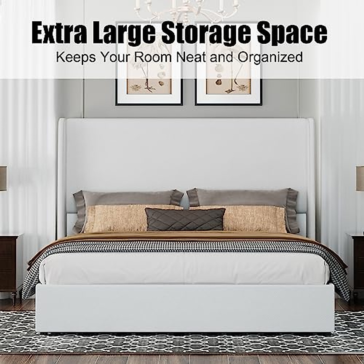 Jocisland Queen Size Lift Up Storage Bed Linen Upholstered Platform Bed Frame/Hydraulic Storage/Modern Wingback Headboard/Wood Slats Support/No Box Spring Needed/White