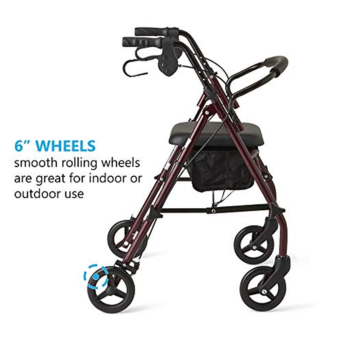 Medline Rollator Walker with Seat, Steel Rolling Walker with 6-inch Wheels Supports up to 350 lbs, Medical Walker, Burgundy