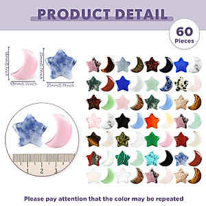60 Pieces Star Shaped Crystals and Moon Shaped Crystals Worry Stones Assorted Palm Thumb Stones Hand Making Gemstone Quartz Decorative Crystal for Witchcraft Meditation DIY Balancing Jewelry