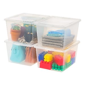 IRIS USA 25 Qt Clear Storage Box, BPA-Free Plastic Stackable Bin with Lid, 4 Pack, Containers to Organize Shoes and Closet Shelves, Classroom Organization Teacher Tools, Game Storage
