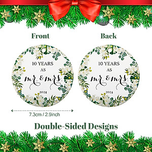 10 Year Anniversary Ornament 2024, 10th Anniversary Collectible Holiday Christmas Ornaments, 10 Year as Mr and Mrs Gift for Couple, 2.9" Ceramic 10th Wedding Anniversary Ornament