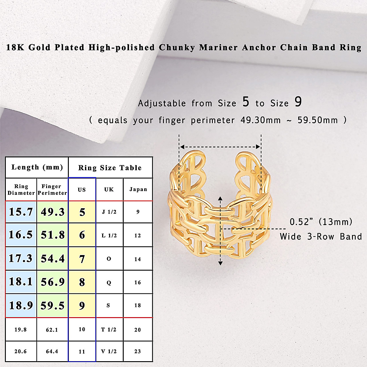 Aobei Pearl 18K Gold 3-Row Chunky Band Ring Mariner Anchor Chain Ring for Women Statement Pig Nose Link Open Rings Adjustable Thumb Knuckle Finger Jewelry for Her
