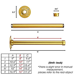 8 Inch Industrial Pipe Clothing Rack, 4 Pcs Gold Shelf Brackets, Wall Mounted Clothes Rack, Heavy Duty Vintage Metal Garment Bracket Frame for Commercial or Residential Wardrobe Clothes Display