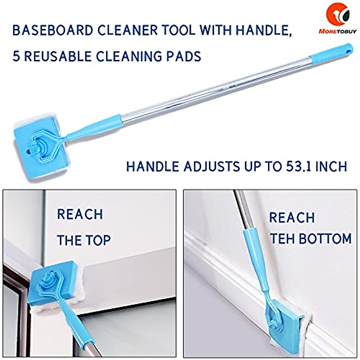 Baseboard Cleaner Tool with Handle 5 Reusable Cleaning Pads by No-Bending Mop Baseboard Cleaner Tool Long Handle Adjustable Baseboard Molding Tool for Bathroom Microfiber Cleaning