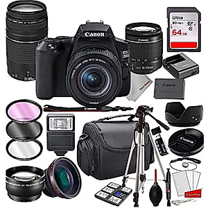 Canon EOS 250D (Rebel SL3) DSLR Camera with 18-55mm f/3.5-5.6 III Zoom Lens & 75-300mm III Lens Bundle + 64GB Memory, Case, Tripod, Filters and More