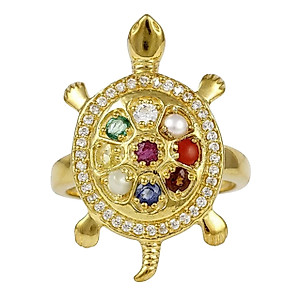 Tortoise Ring For Man And Women With American Diamonds and 9 Gemstone Sterling Silver Handmade Comfortable Ideal Gift Item (Size 6 To 16 Us) By GARVIT COLLECTIONS