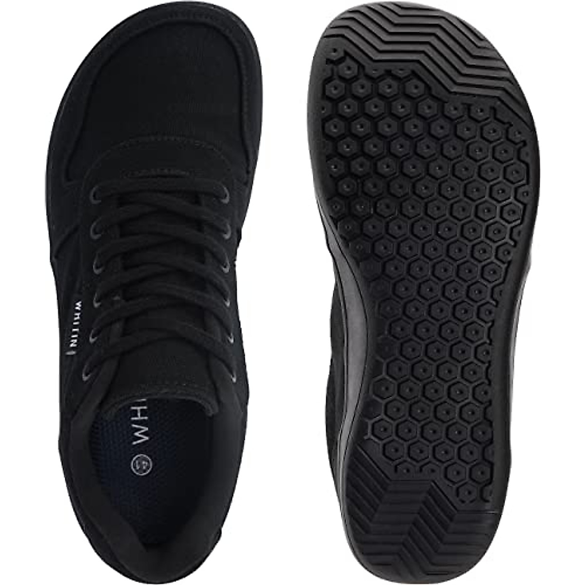 WHITIN Wide Toe Box Barefoot Sneakers for Men Canvas Minimalist Minimus Zero Drop Sole Shoes Size 11 Width 11W Walking Outdoor Training All Black 45
