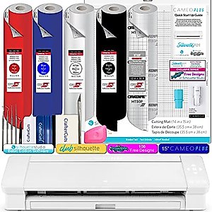 Silhouette Cameo 4 Plus Bundle with 4-12ft Rolls of ORACAL 651 Vinyl, 30 Ft of ORATAPE Transfer Tape, CrafterCuts Vinyl Tool Kit, Bonus Designs, and Access to Ebooks, Classes, andTutorials
