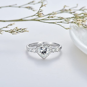 BEBEWO 1-2/5 ct.tw. Heart Cut Halo Moissanite Engagement Ring for Women in 925 Sterling Silver/10k Gold/14k Gold/18k Gold, Free Engraving Name Ring (White, Customize)
