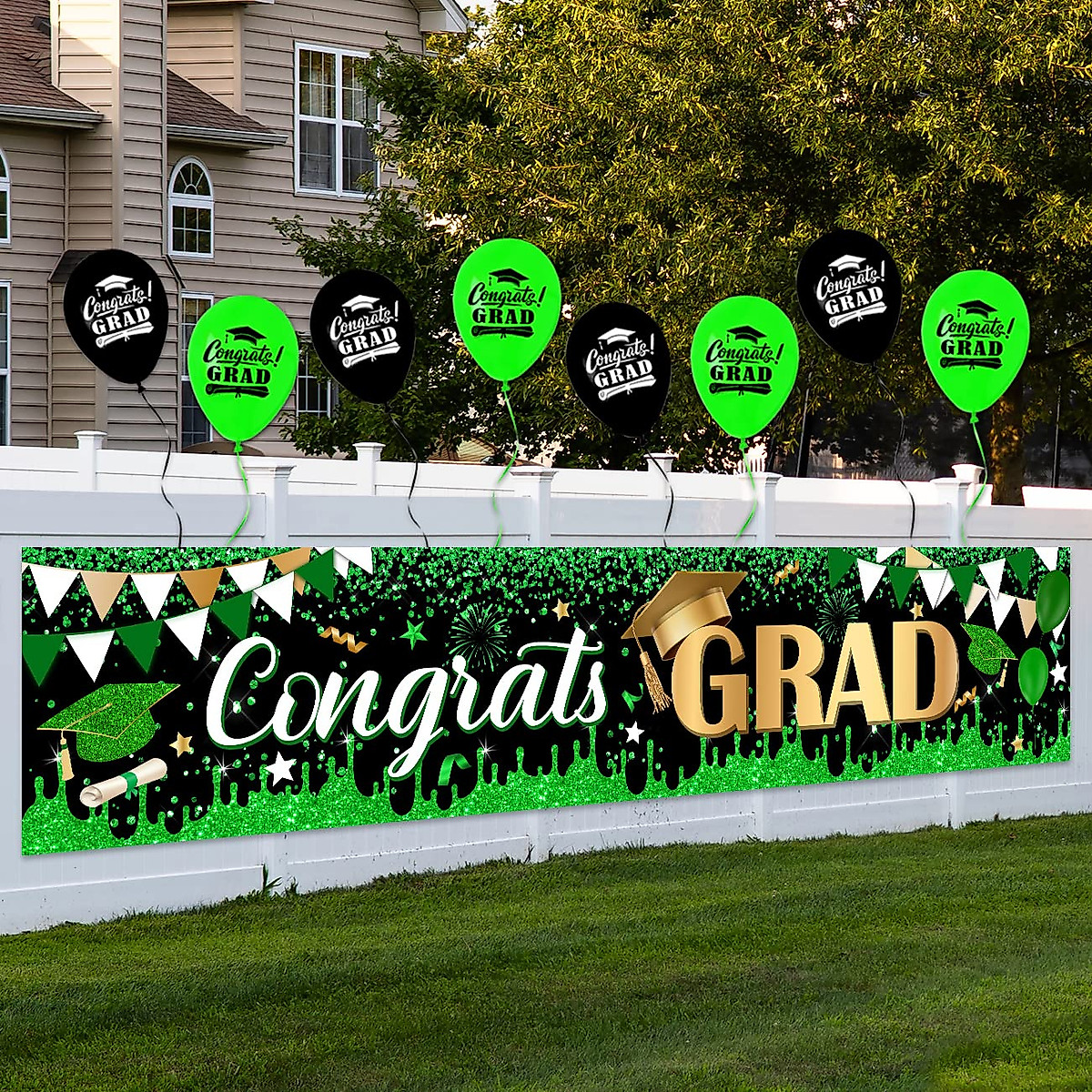 Large Congrats Grad Banner Green Class of 2023 Graduation Banner With 8 Pcs Balloons Decorations Yard Sign For College Graduation Party Supplies