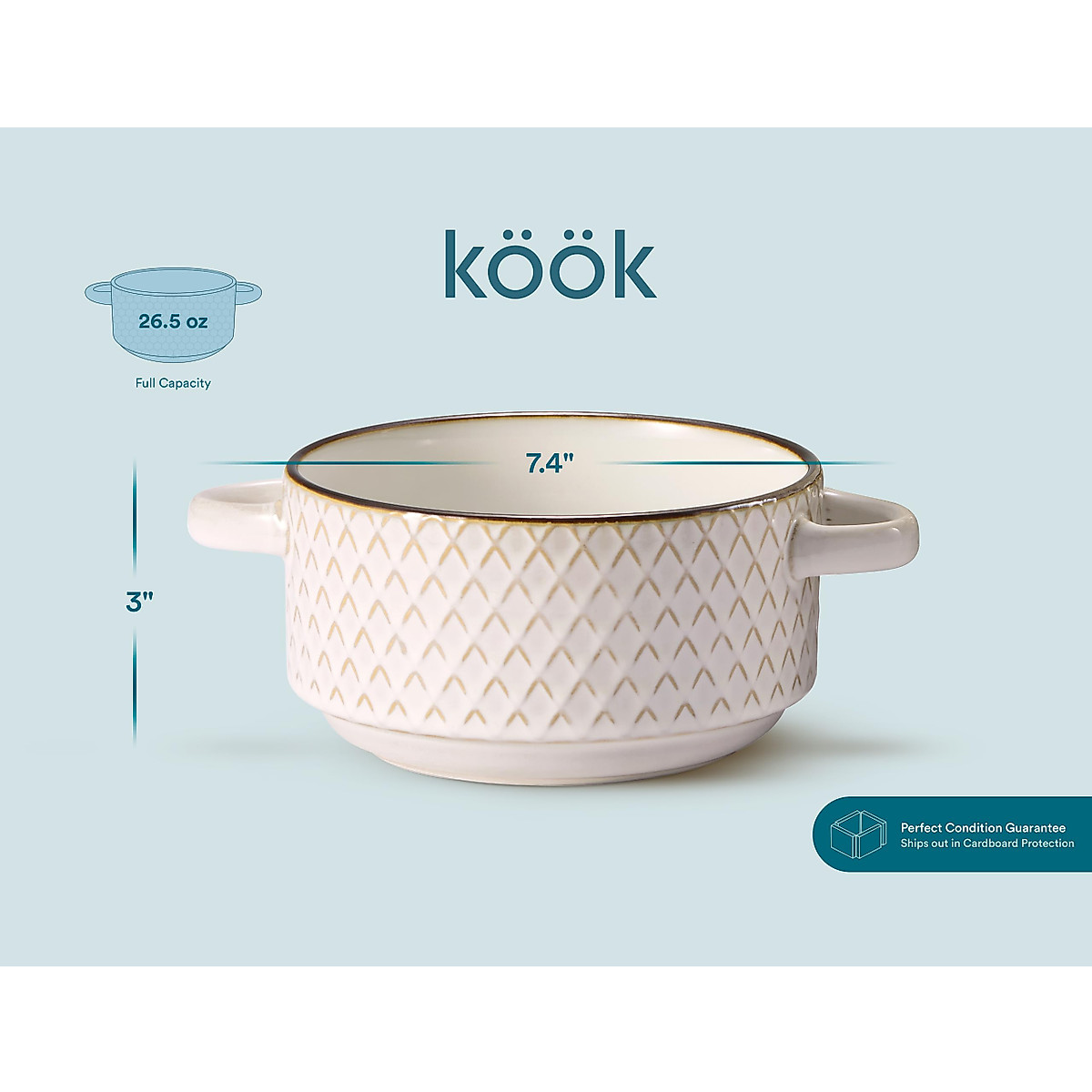 KooK Ceramic Soup Bowls with Handles, Embossed, for Cereal, Dessert, Pastas, Microwave & Dishwasher Safe, Ivory with Dark Copper Accents, Set of 4, 26.5 oz, Narbonne Collection