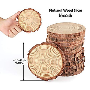 Wood Slices 16Pcs 3.5''-4'' Unfinished Wood Rounds Natural Thicken Slab with Bark for Coasters Centerpieces Wedding Rustic Craft Wooden Christmas Ornaments