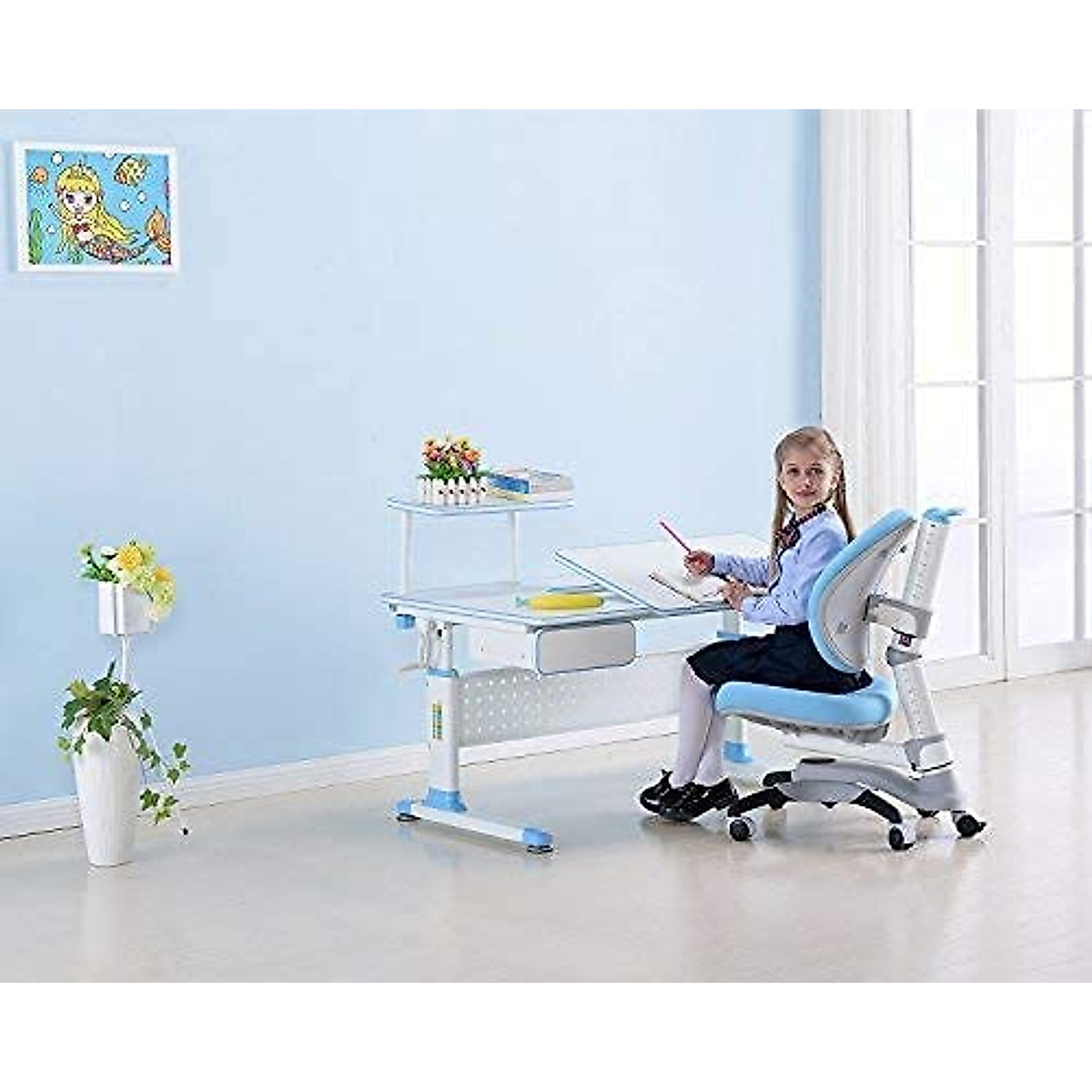 ApexDesk Little Soleil DX 43" Children's Height Adjustable Study Desk w/Integrated Shelf & Drawer (Desk+Chair Bundle – Blue)