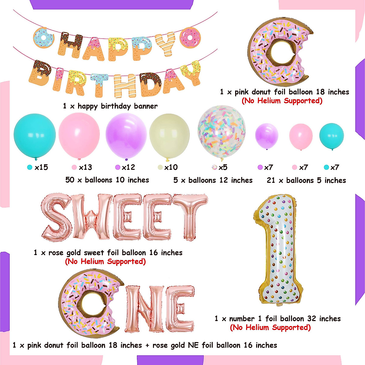 Sweet One Donut Birthday Party Decorations for Girls Donut 1st Birthday Pink Macaron Pastel Balloon Garland Arch Kit for Doughnut 1st Birthday Party Decor with Happy Birthday Banner