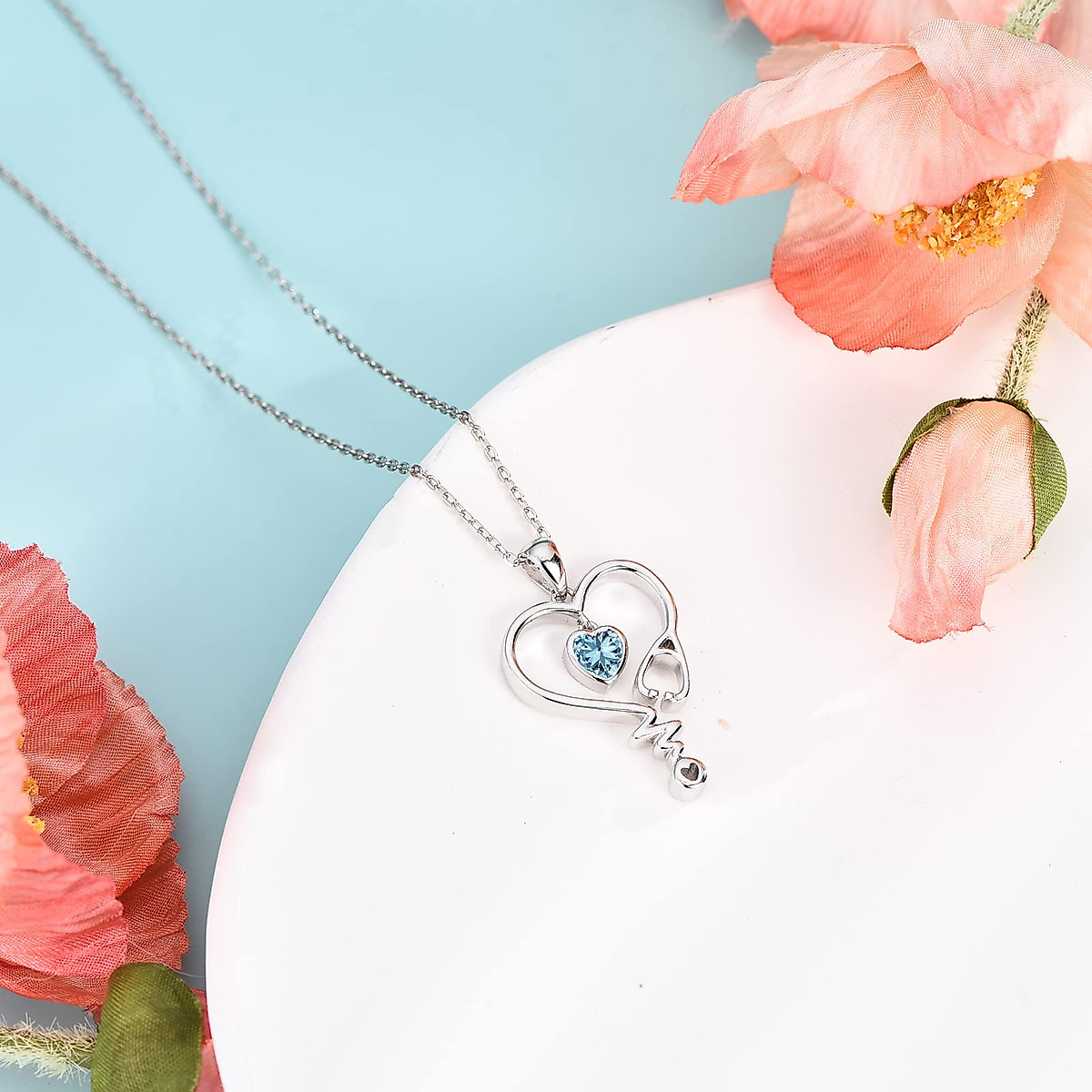 CHOKER Nurse Necklace for Women 925 Sterling Silver Stethoscope Heartbeat Necklace Jewelry Gifts for Nurse Graduation Medical Student Doctor-March Birthstone