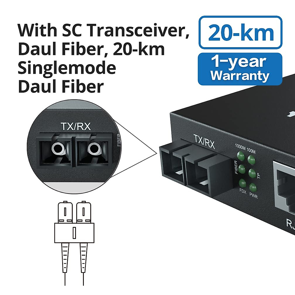 Gigabit SingleMode Fiber to Ethernet Media Converter, Dual SC Fiber, 1000Base-LX to 10/100/1000Base-Tx Gigabit SMF Fiber SC to Copper RJ45 Ethernet Converter, UL Certified, up to 20km, Pack of 2