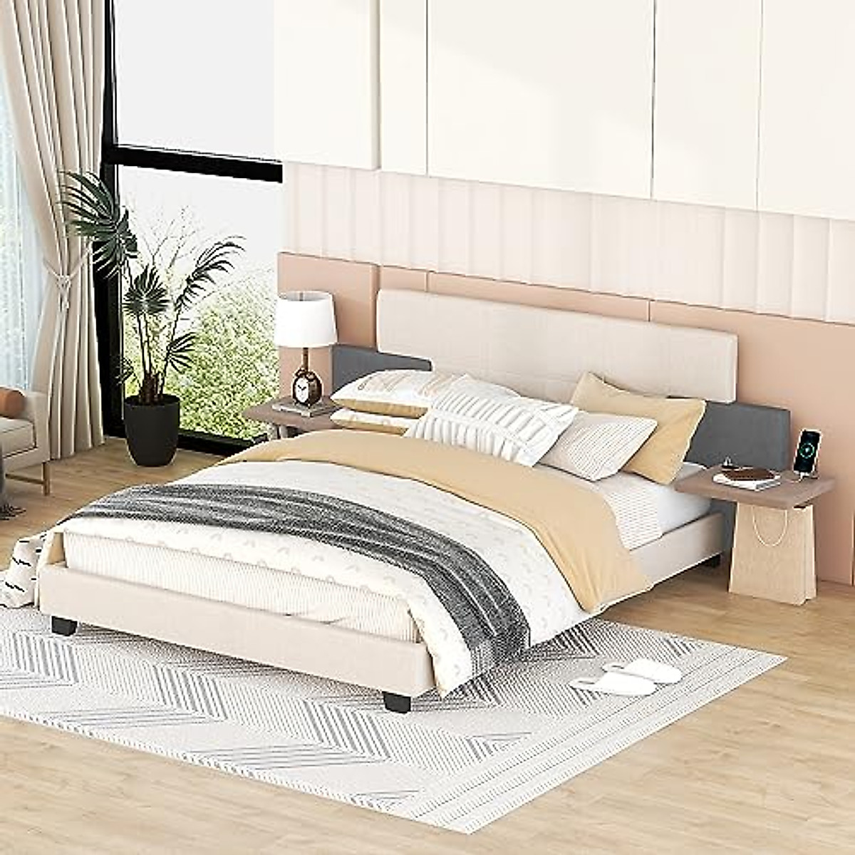 OPTOUGH Queen Size Upholstered Platform Bed with Bedside Shelves and USB Charging Design, Wooden Bedframe w/Slats Support, for Bedroom, Beige+Gray