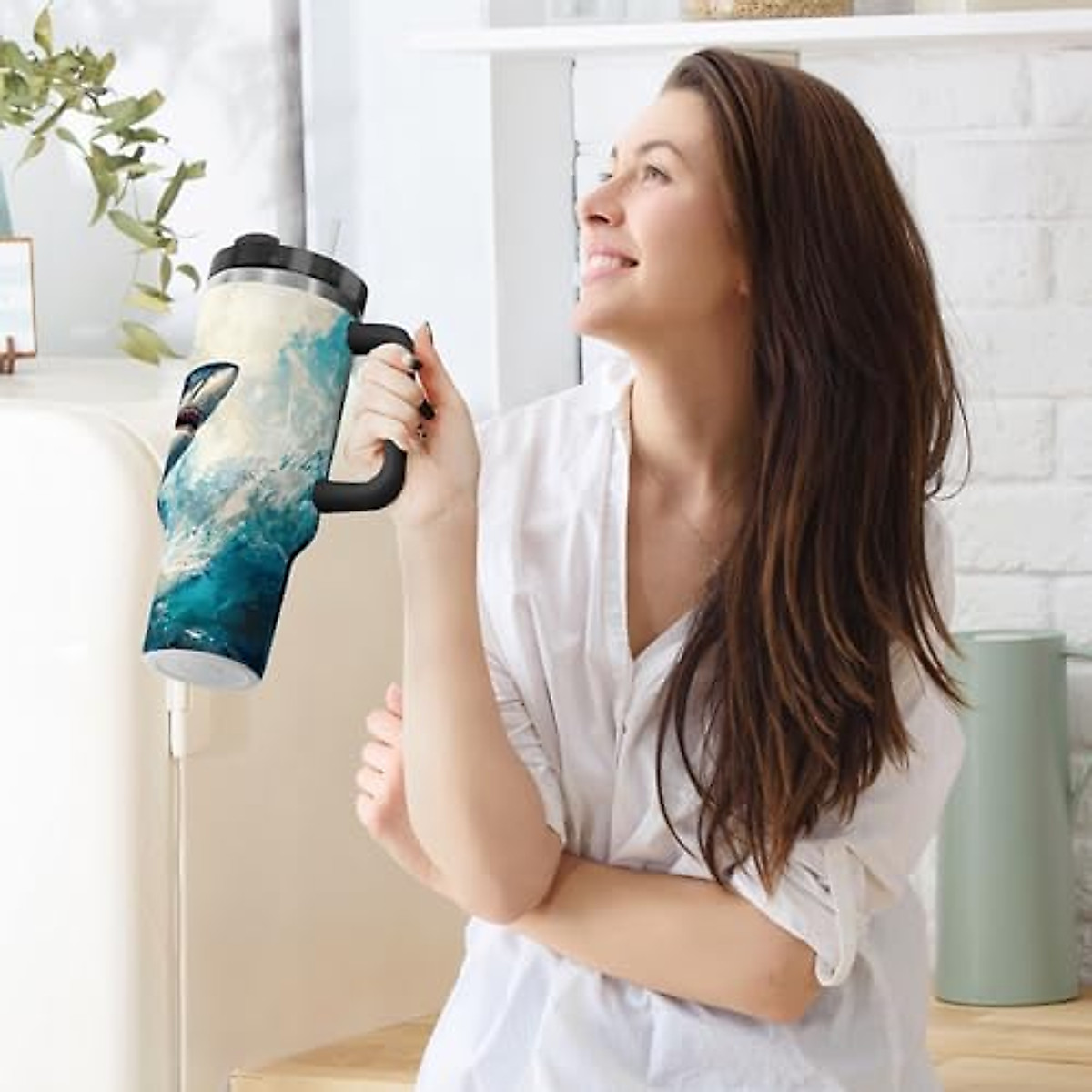 Flradish 40oz Tumbler with Handle, Shark Stainless Steel Tumbler with Lid and Straws Double Wall Vacuum Insulated Leakproof Coffee Travel Mug