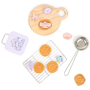 BT21 Squid Biscuits Sugar Pie Game Korean Sugar Candy Making Tools Set DALGONA Kit (7pcs in 1set), Ladle, Shape frame, Press Stainless Steel, bottom plate, Circle case
