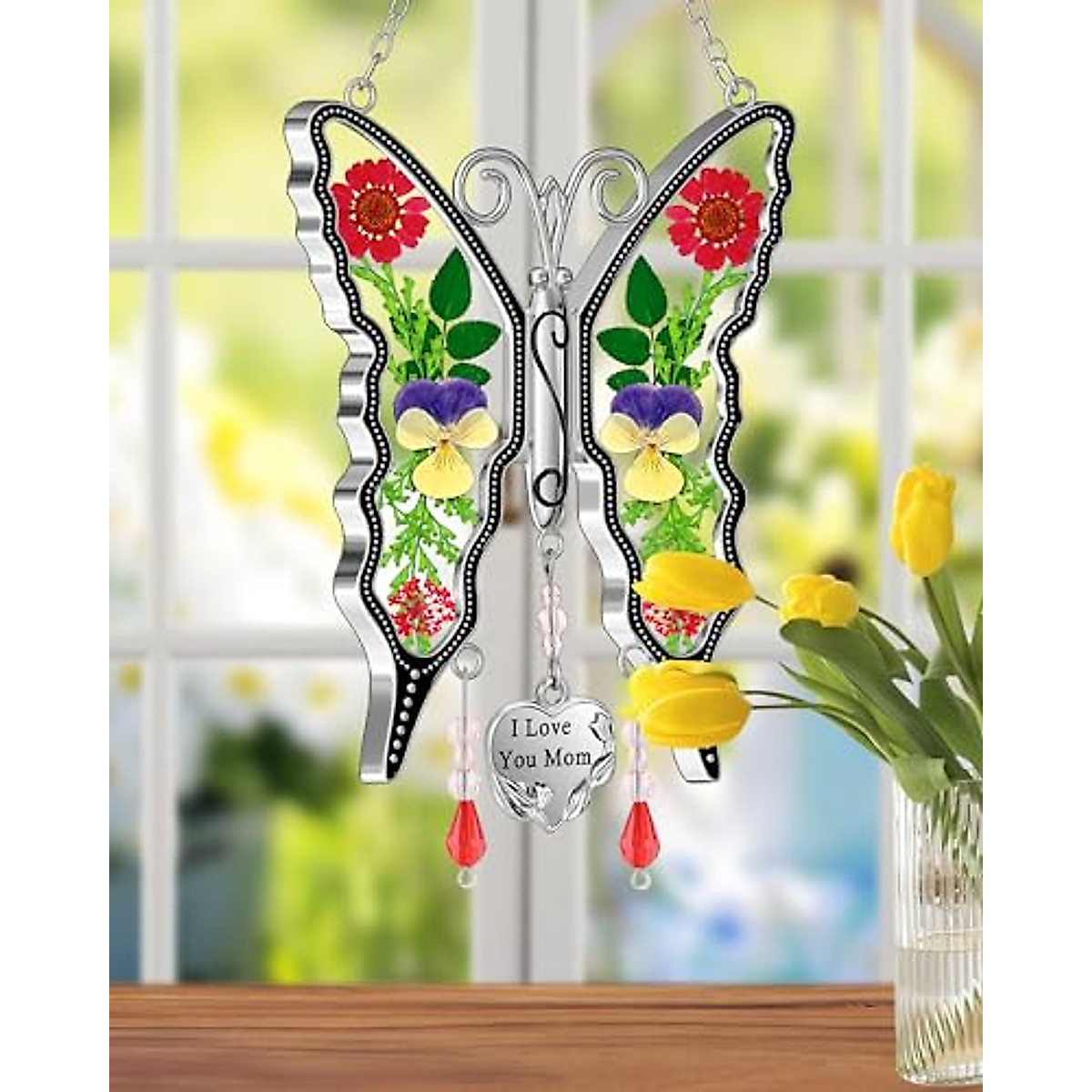 KY&BOSAM Butterfly Suncatcher Mother`s Day Gift I Love You Mom Stained Glass Suncatchers Hanging Ornament for Window Wind Chime Gifts for Mother`s Day Valentine`s Birthday Christmas Dream Catchers