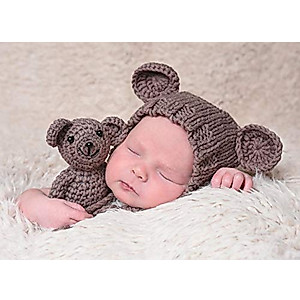 Lppgrace Newborn Baby Girls Boys Bear Hat Beanie with Bear Dolls Photography Accessories (Brown)