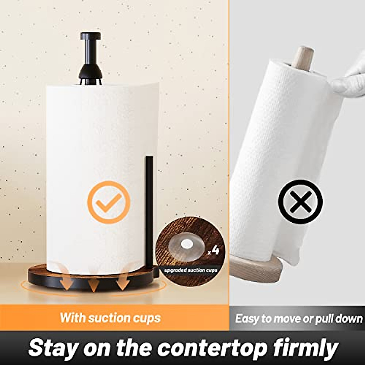 VEHHE Paper Towel Holder Stand, Wood Farmhouse Paper Towel Holder Countertop with Ratchet System and Suction Cups, Stainless Steel Perfect Tear Paper Towel Roll Holders with Wooden Base- Black