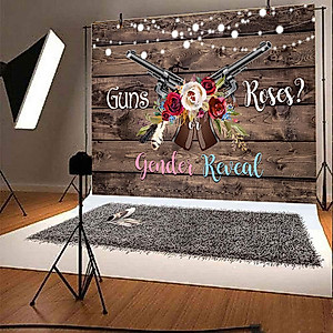 Lofaris Guns or Roses Gender Reveal Backdrop Rustic Wooden Photography Background Shining Lights He or She Boy or Girl Baby Shower Party Newborn Banner Decorations Supplies Photo Booth Props 10x7ft