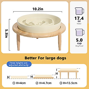 VEEKI Ceramic Slow Feeder Dog Bowls, Elevated Dog Food Bowls with Wood Stand, Dog Dishes to Slow Down Eating for Chokcing Bloating(Beige, 10.2in)