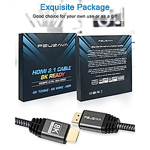 PEUZAVA 8K HDMI Cable 10ft, 48Gbps Ultra High Speed HDMI 2.1 Cord, 8K@60HZ 4K@120Hz eARC HDR10 HDCP 2.2&2.3 Dolby Compatible with PS5 PS4 Xbox Series X Switch Apple Samsung Sony LG Roku TV Blu-ray