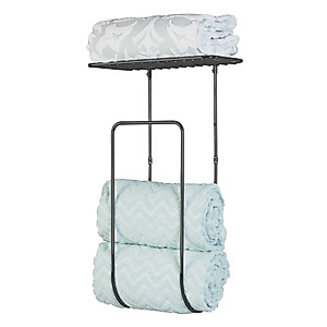 mDesign Steel Wall Mount Towel Rack Holder Organizer with Basket Shelf Storage for Bathroom, Kitchen, Laundry Room - Holds Towels, Washcloths, Hand Towels - Concerto Collection - Matte Black