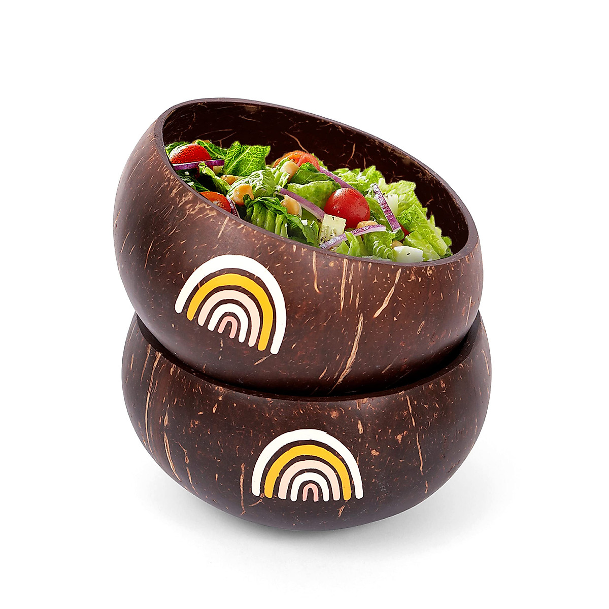 Coconut Bowls Set of 2 – Rainbow Design Wooden Bowls With Bamboo Straws, Wooden Forks & 2 Spoons – Natural Hand Carved Coconut Shell Bowl… (2, Rainbow)